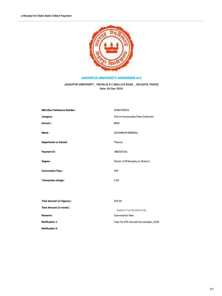 Convocation Fees Payment Receipt | PDF