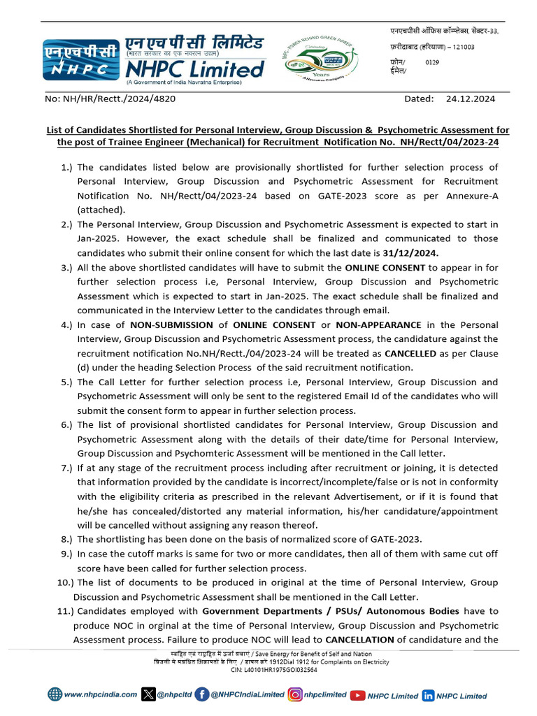 NHPC THROUGH GATE 2023 Mechanical Engineer List | PDF