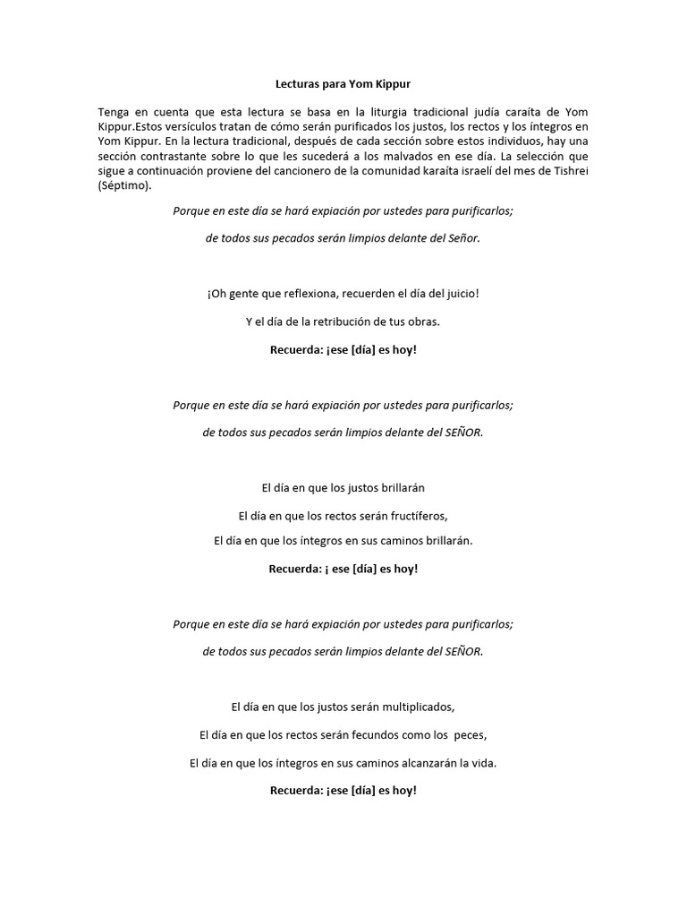 Lecturas para Yom Kippur | PDF | Yom Kippur | Creencia religiosa y doctrina