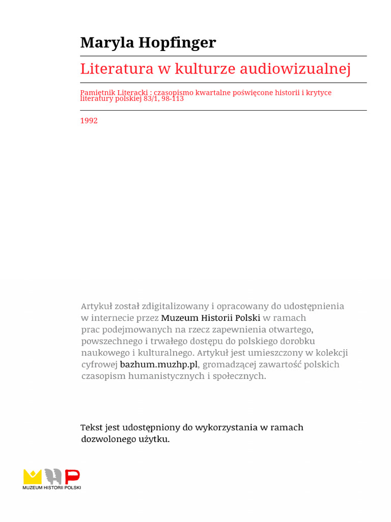 Literatura W Kulturze Audiowizualnej - M. Hopfinger | PDF