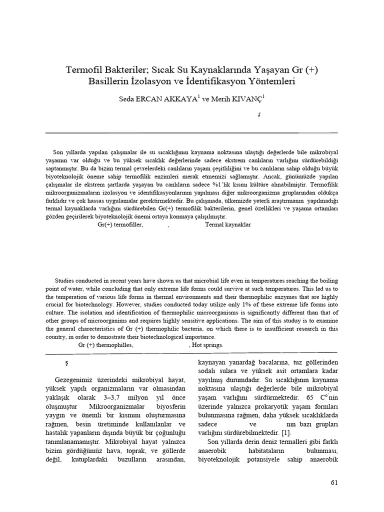 Termofil Bakteriler S - Cak Su Kaynaklar - Nda Ya - Ayan GR (+) Basillerin - Zolasyon Ve ...