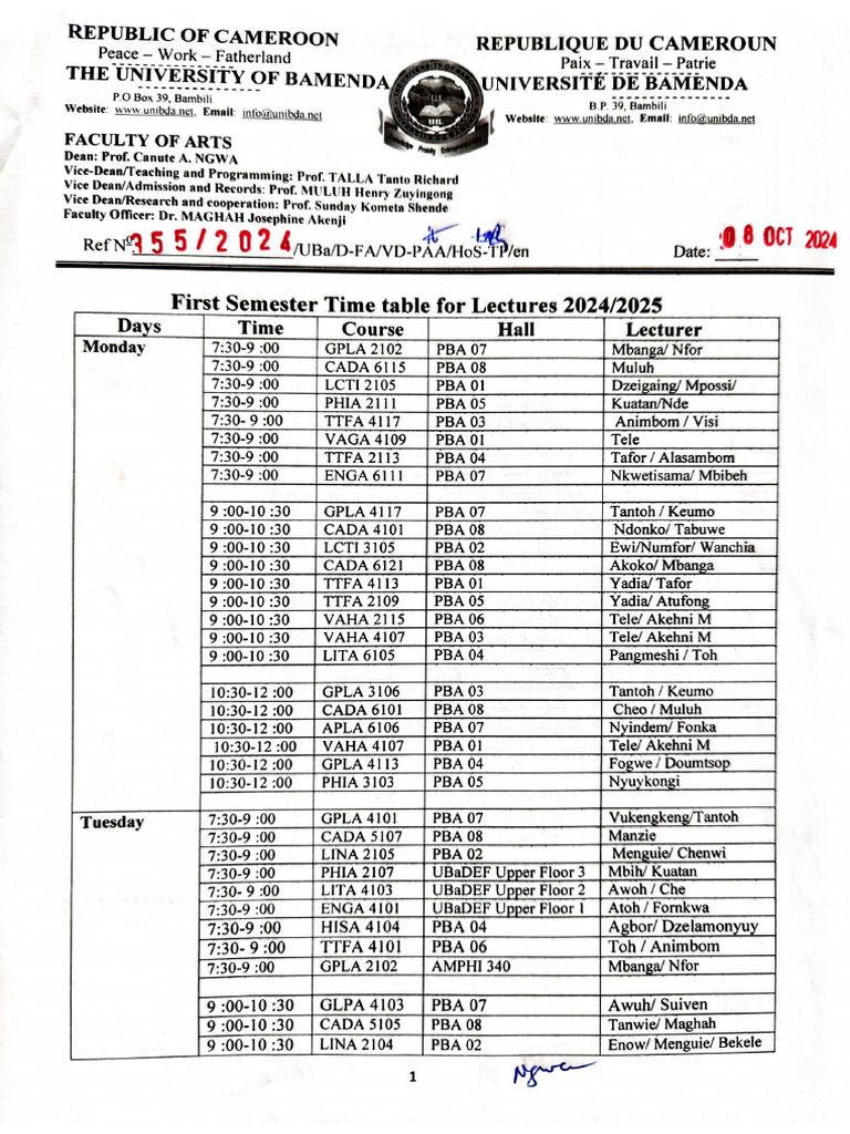 First Semester Time Table For Lectures 2024 - 2025 | PDF