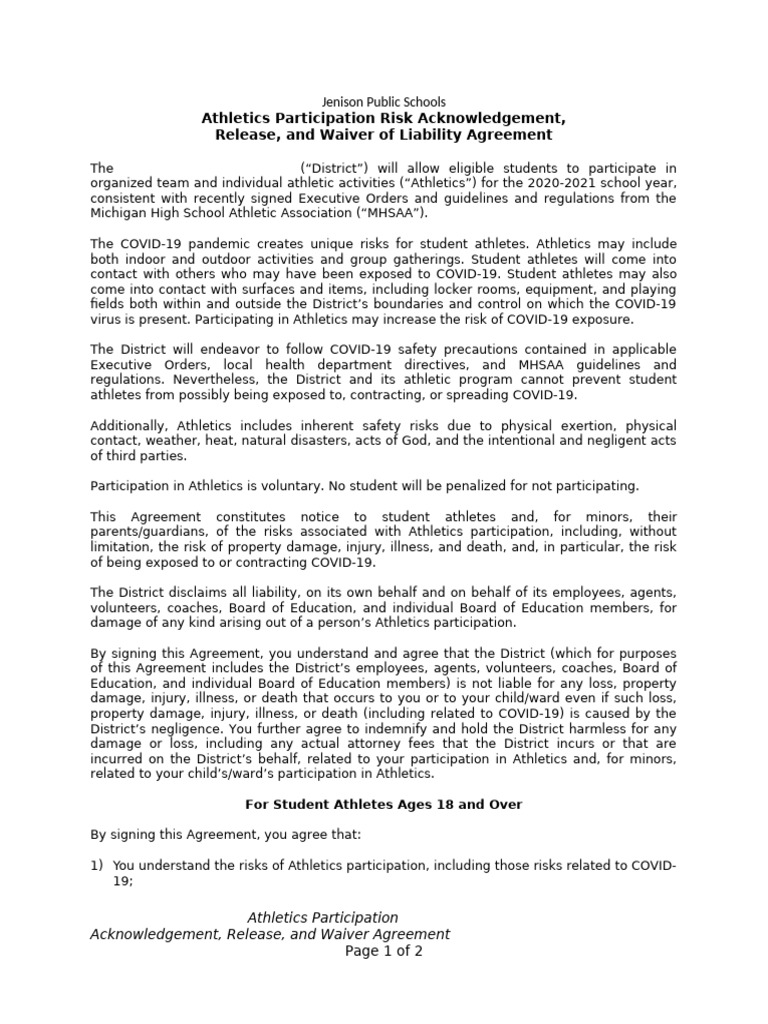 Covid Waiver - Student 18 & Over (Jenison Public Schools ...