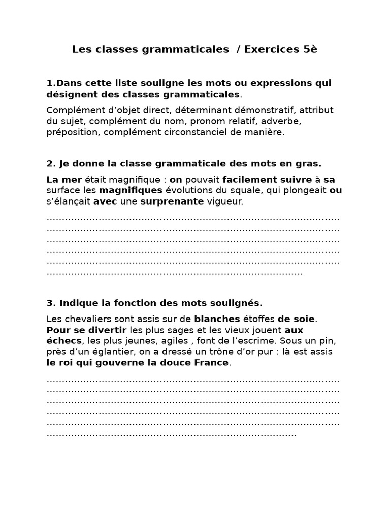 Exercices sur les classes grammaticales 5ème | PDF
