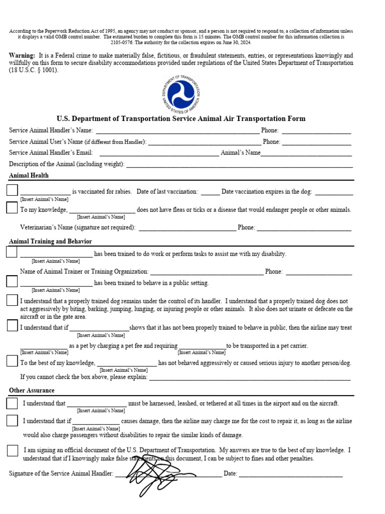 U.S. DOT Service Animal Air Transportation Form 1-4-2024 | PDF ...