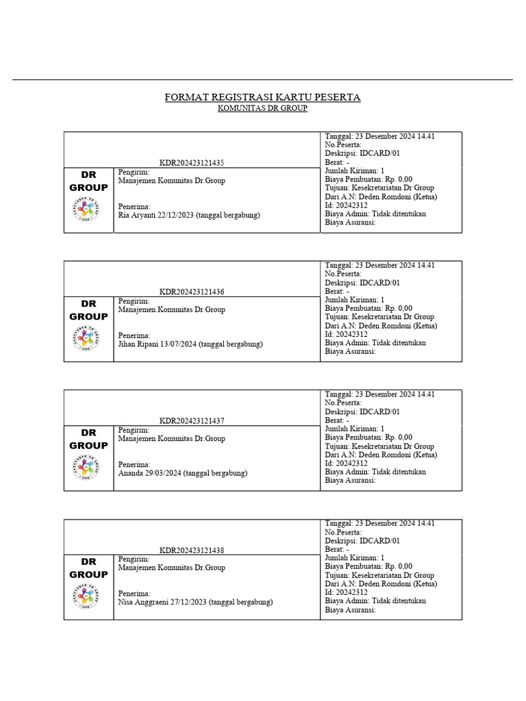 Format Registrasi Kartu Peserta | PDF