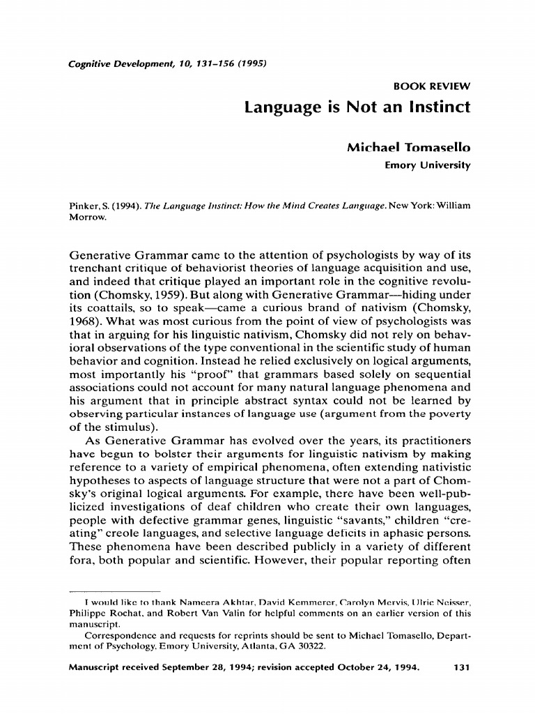 10.3. Tomasello vs. Pinker | PDF | Syntax | Language Acquisition
