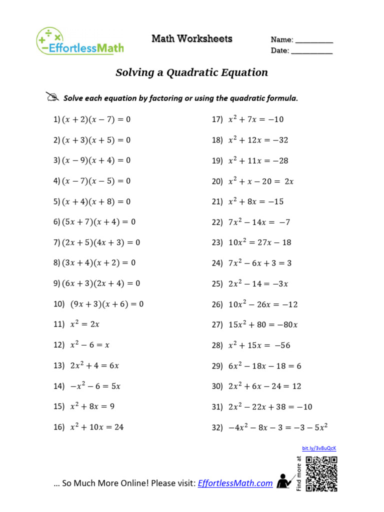 Quadratic Equation Worksheets | PDF | Mathematics | Mathematical Objects