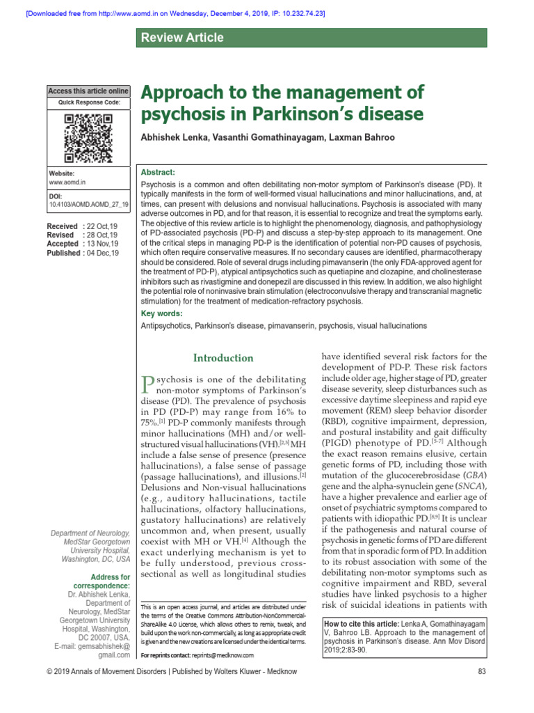 Management of Psychosis in Parkinson's Disease | PDF | Psychosis | Parkinson's Disease