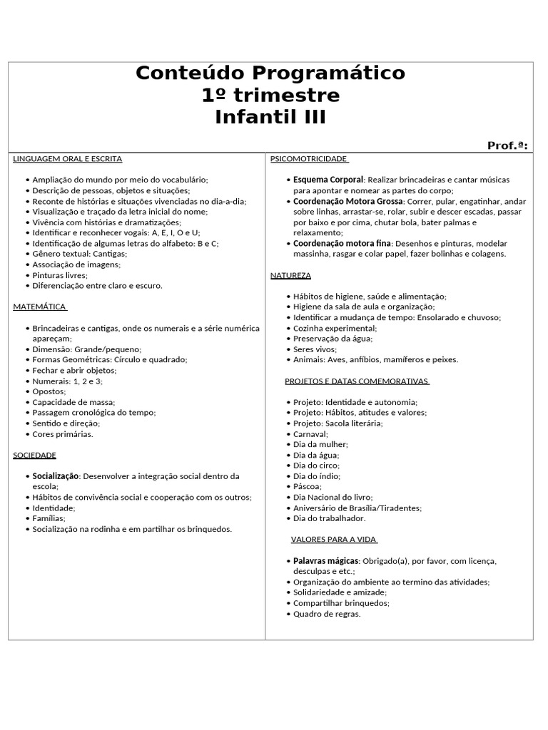 Conteúdo Programático - 1º Trimestre Infantil 3 | PDF