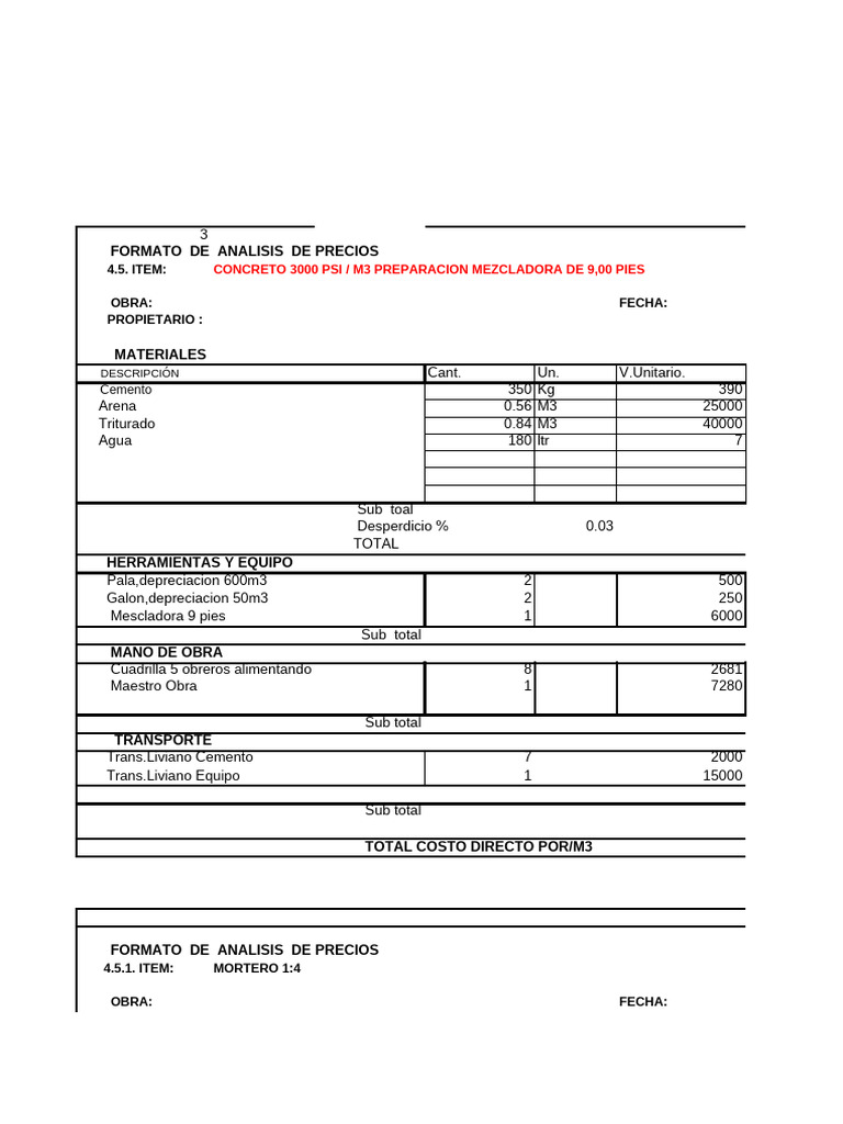Formato Anasis de Precios | PDF | Ingeniería estructural | Materiales