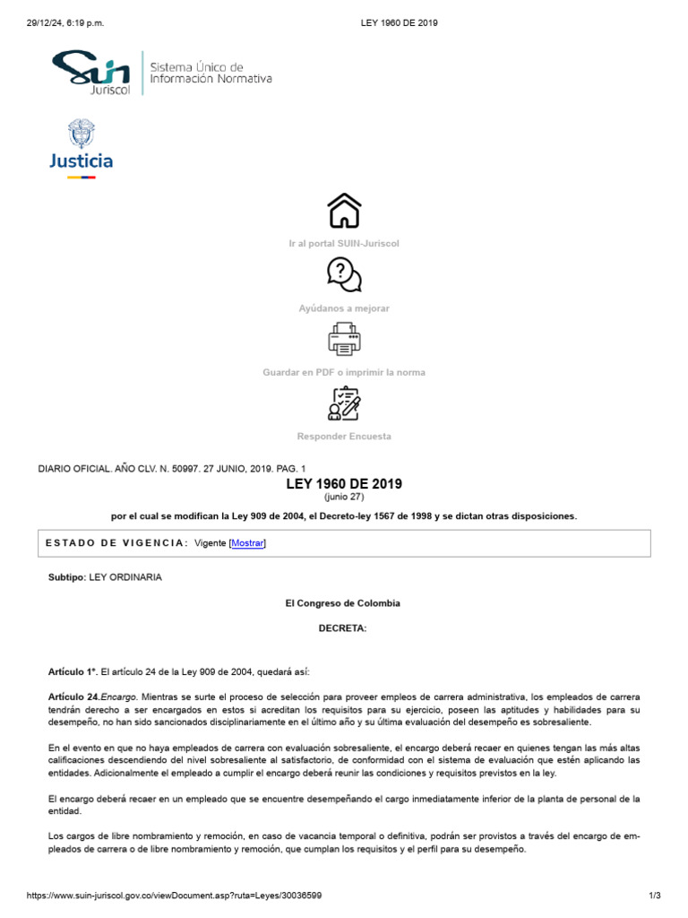 Ley 1960 de 2019 | PDF | Presupuesto | Servidor (Computación)