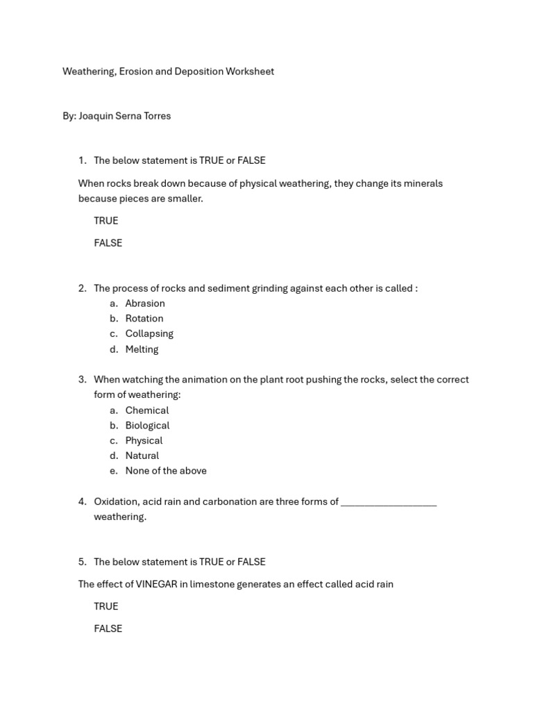 Weathering, Erosion, and Deposition Quiz | PDF