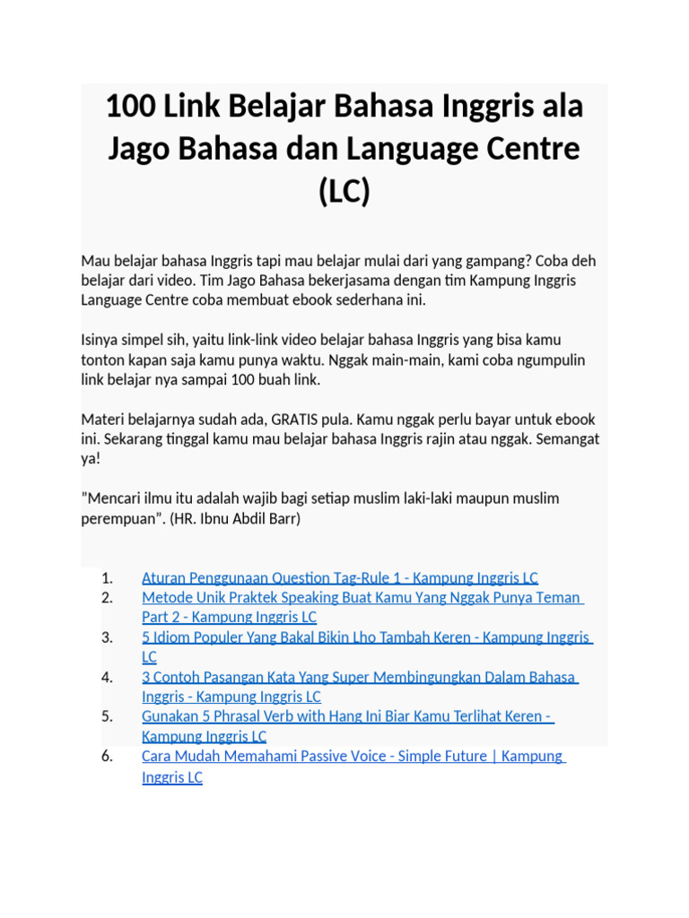 100 Link Belajar Bahasa Inggris Ala Kampung Inggris Language Centre | PDF