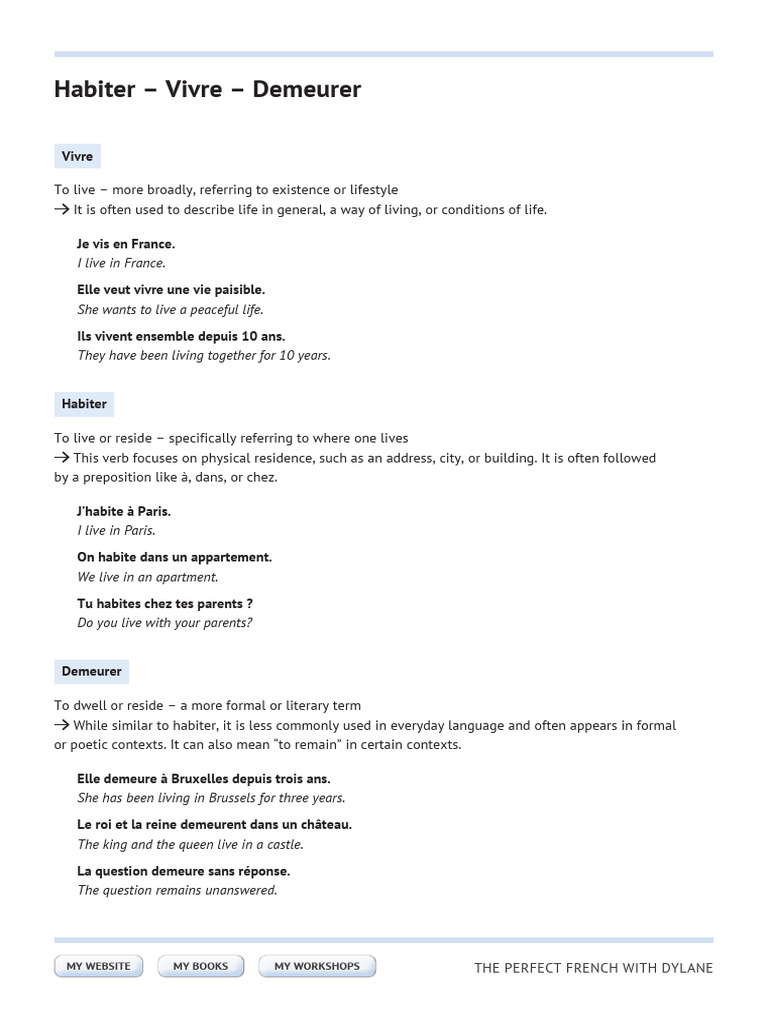 French Verbs: Vivre, Habiter, Demeurer | PDF