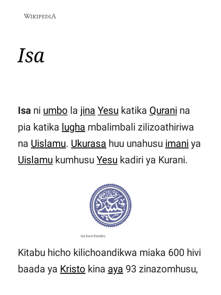 Isa - Wikipedia, Kamusi Elezo Huru | PDF