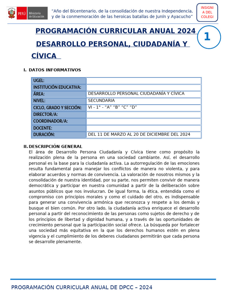 DPCC 1° - PROGRAMACIÓN CURRICULAR ANUAL | PDF | Evaluación | Aprendizaje