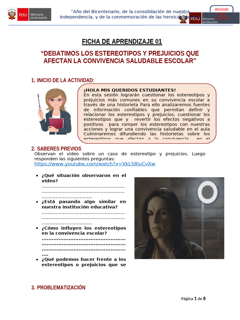 DPCC 1° - FICHA DE APRENDIZAJE 01 | PDF | Estereotipos | Prejuicios
