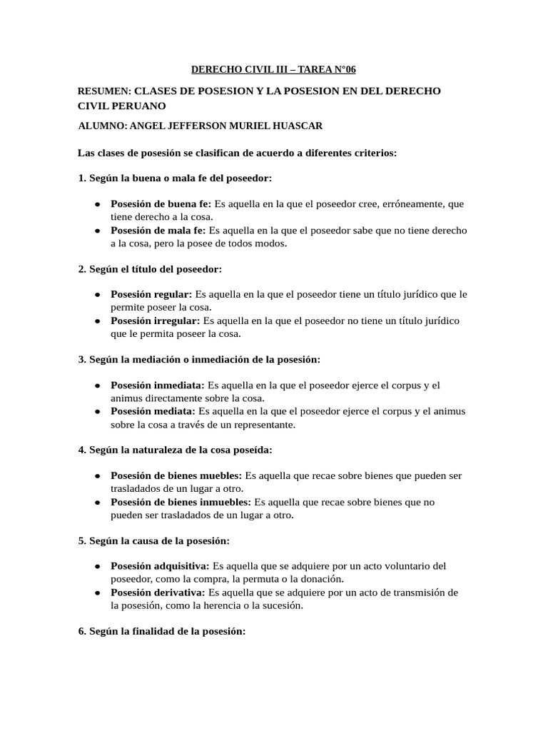 Clases de Posesion y La Posesion en Del Derecho Civil - Tarea N-06 | PDF | Posesión (Ley ...