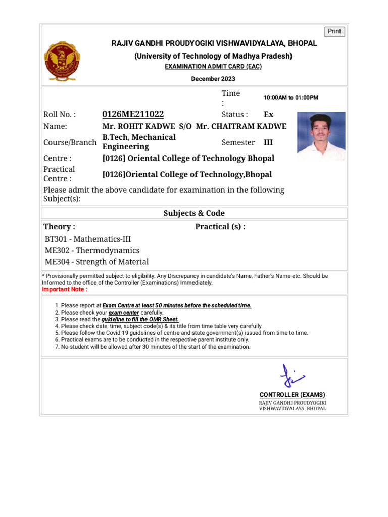 December 2023 Exam Admit Card - B.Tech | PDF