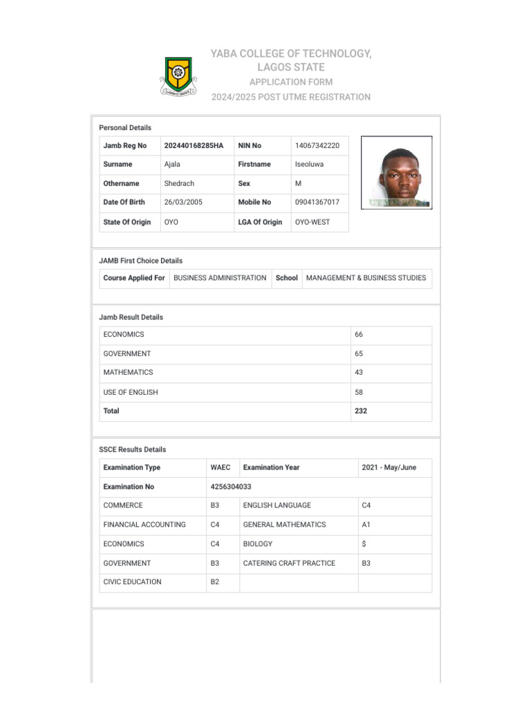 YABATECH 2024/2025 Post UTME Form | PDF