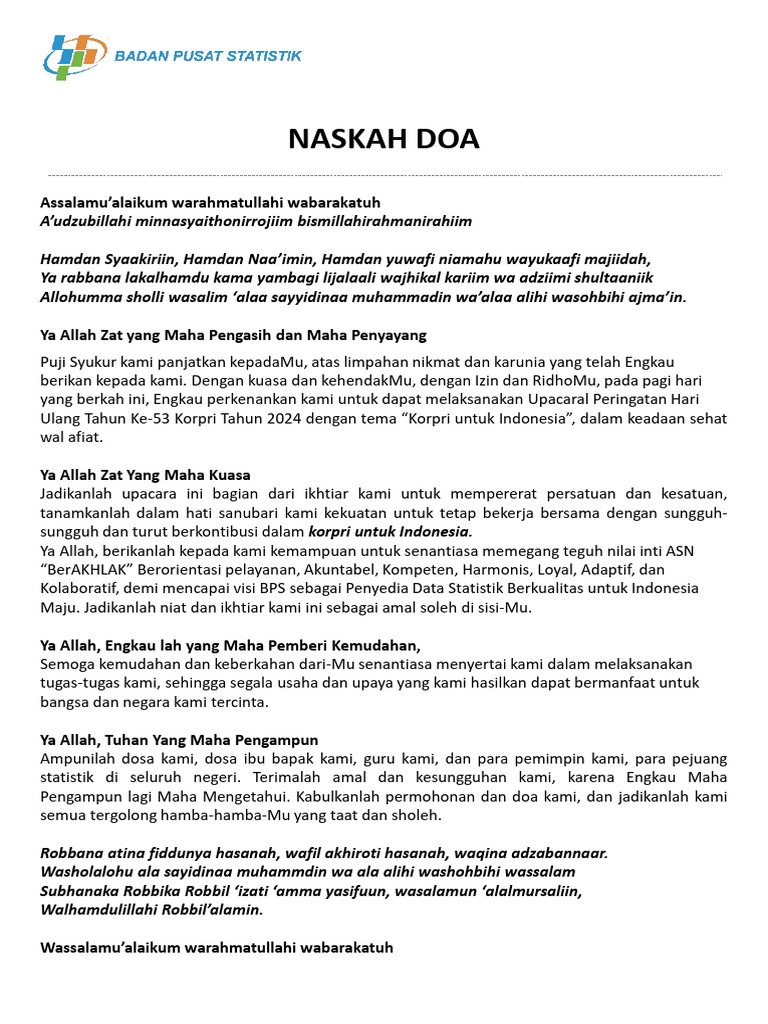 Naskah Doa Upacara HUT Korpri 2024 | PDF