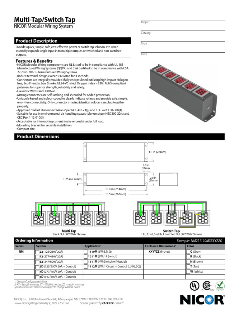 NMW - Multi-Tap Switch Tap - Spec Sheet | PDF | Components | Electric Power