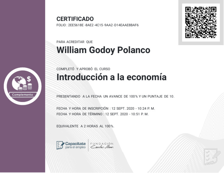 Certificado Curso Economía William Godoy | PDF