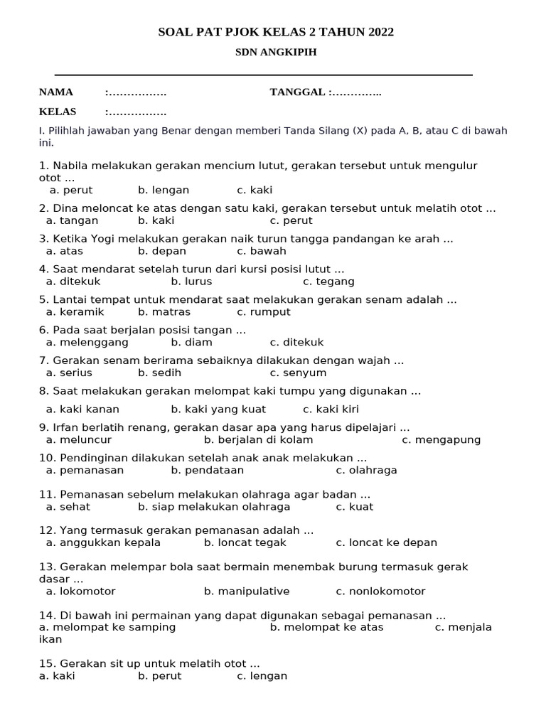 SOAL PAT PJOK KELAS 2 TAHUN 2022 | PDF
