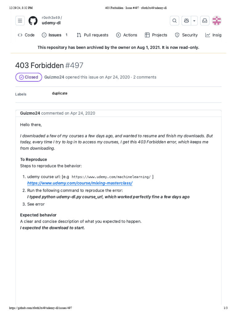 403 Forbidden · Issue #497 · r0oth3x49_udemy-dl | PDF | Software Development | System Software