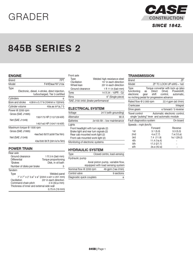 Cce - Spec - Motor - Grader - 845B - Series 2 | PDF | Horsepower | Truck
