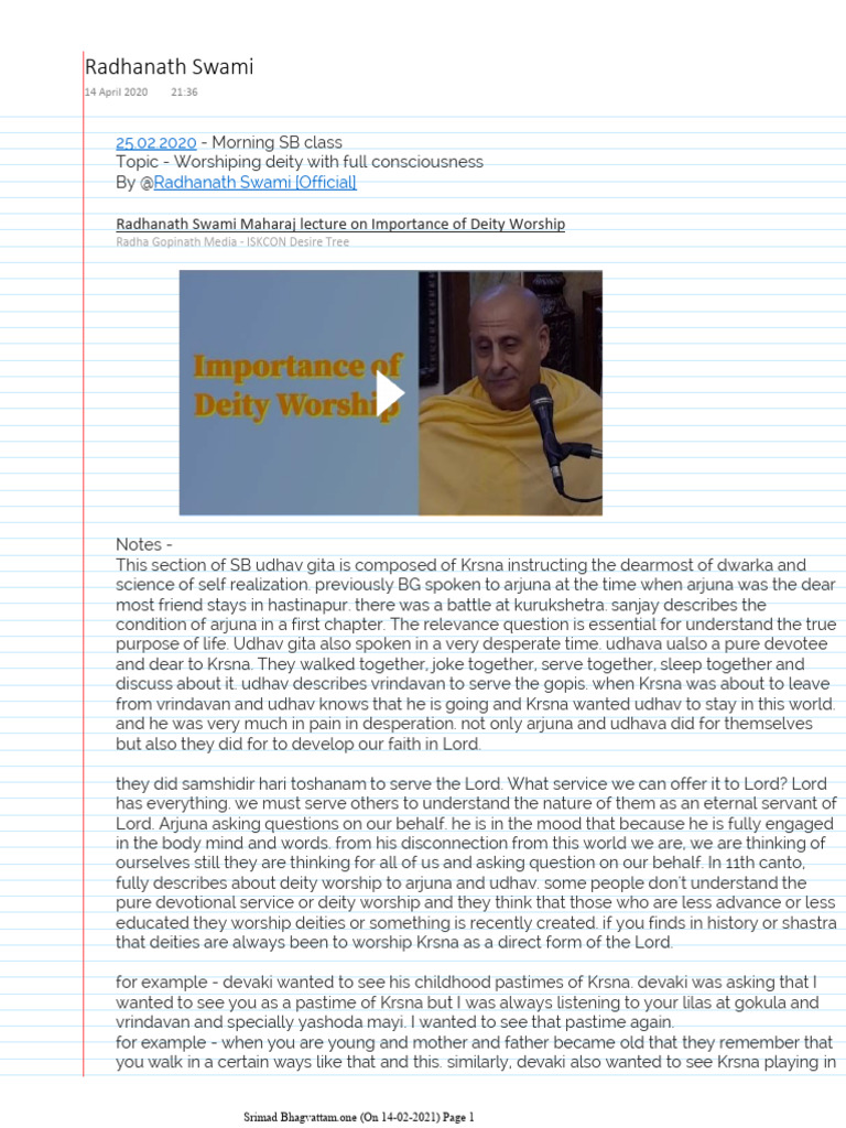 Special Class - Worshiping Deity With Full Consciousness - Radhanath Swami | PDF | Krishna ...