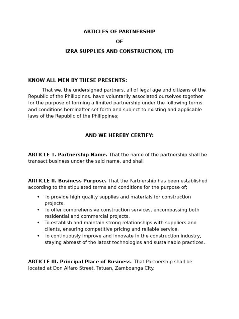 Articles of Partnership: Izra Supplies | PDF | Partnership | Limited ...