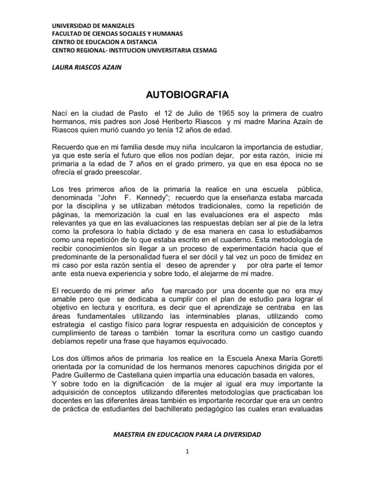 Autobiografia Laura Riascos | PDF | Educación primaria | Educación a ...