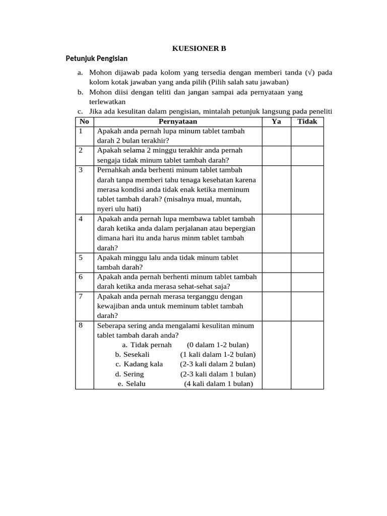 KUESIONER Tentang Kepatuhan Konsumsi TTD | PDF