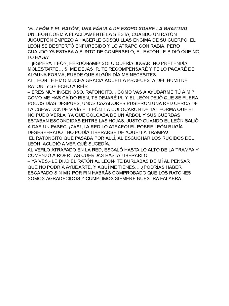 Fábula de Gratitud: El León y el Ratón | PDF