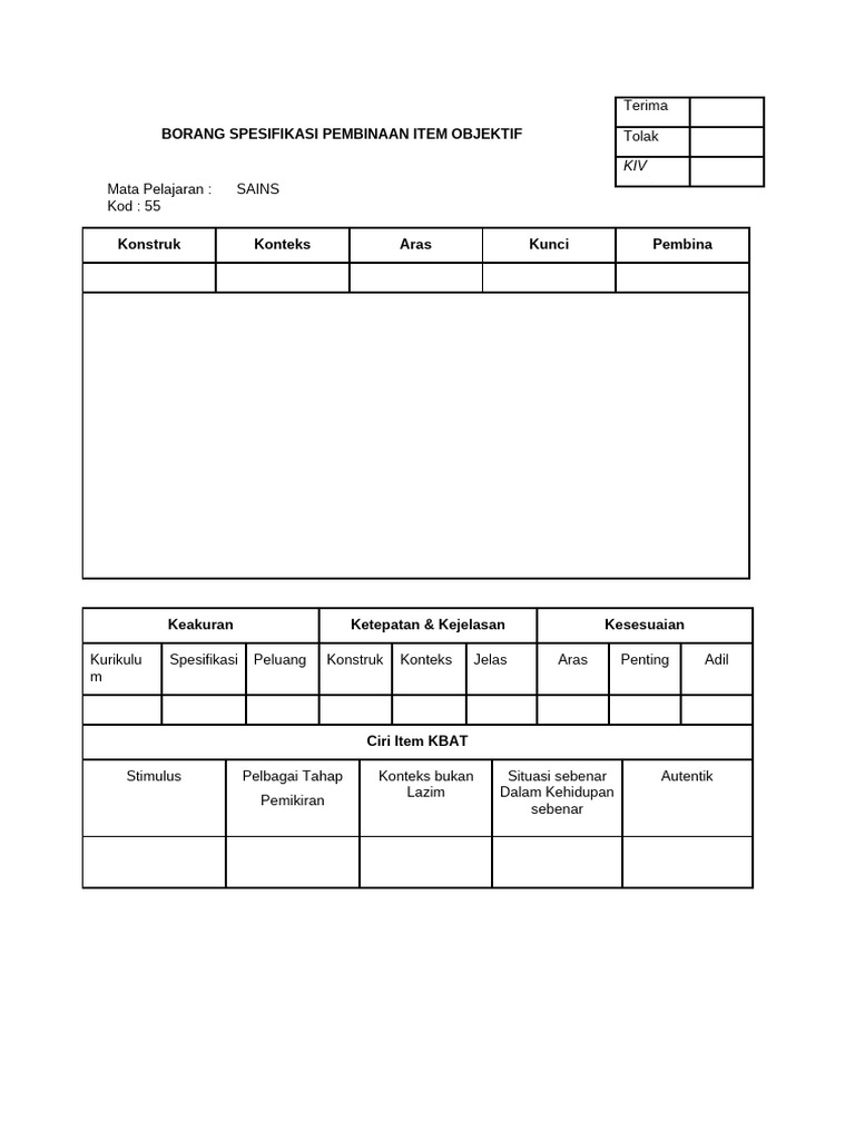 BORANG SPESIFIKASI PEMBINAAN ITEM UASA SC | PDF