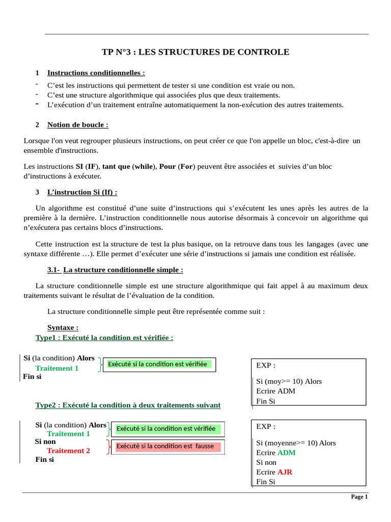 TP N° 3 Les structures de contrôle + Solution (1) | PDF | Structure de ...
