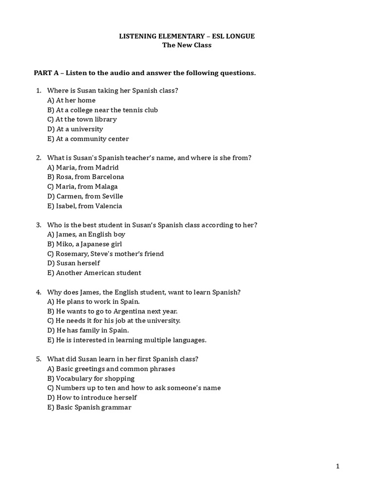 Listening Elementary - The New Class Soal | PDF | Spanish Language ...