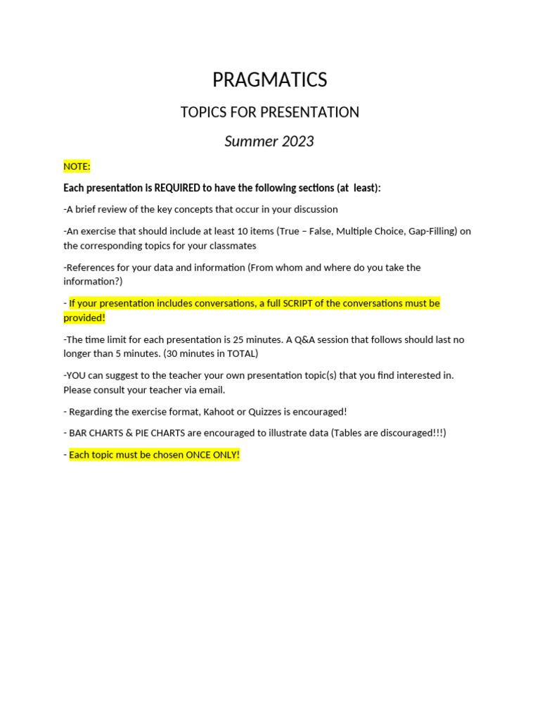 2023 - PRAGMATICS - TOPICS For Presentation | PDF