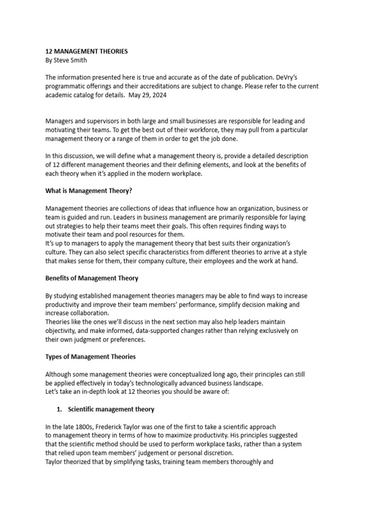 12 MANAGEMENT THEORIES | PDF | Leadership | Employment