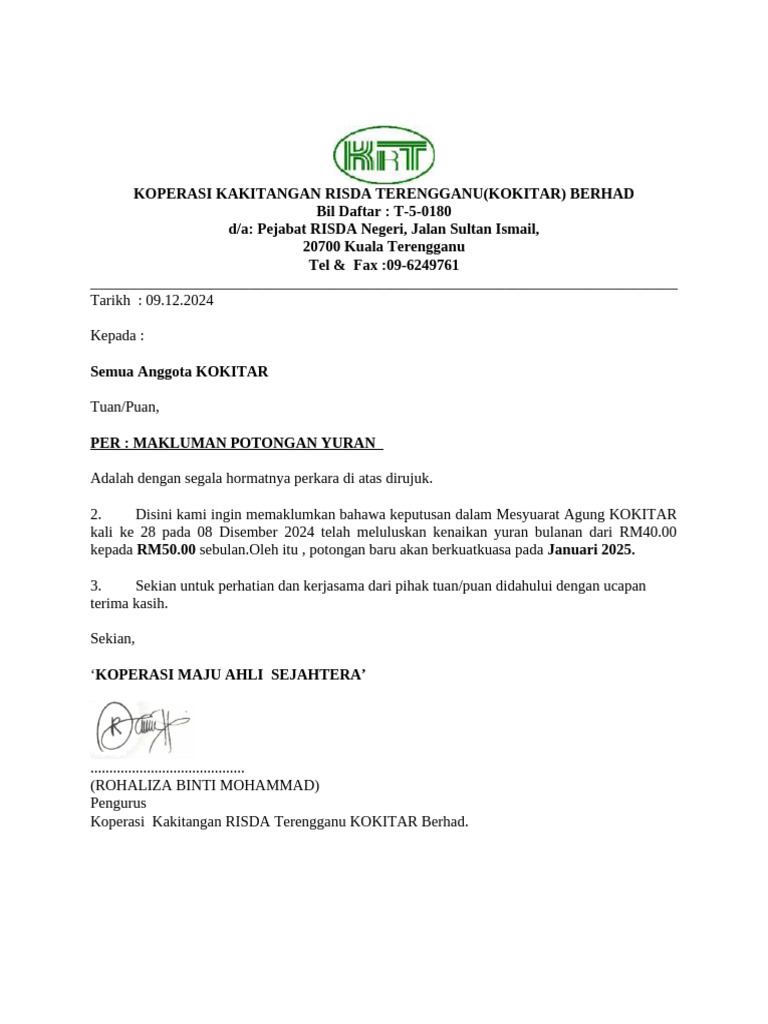 Surat Makluman Yuran Baru | PDF