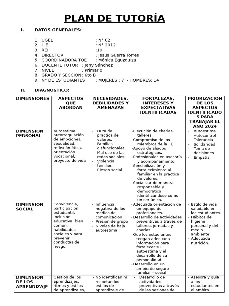 Plan de Tutoría para Primaria 2024 | PDF | Aprendizaje | Autoestima