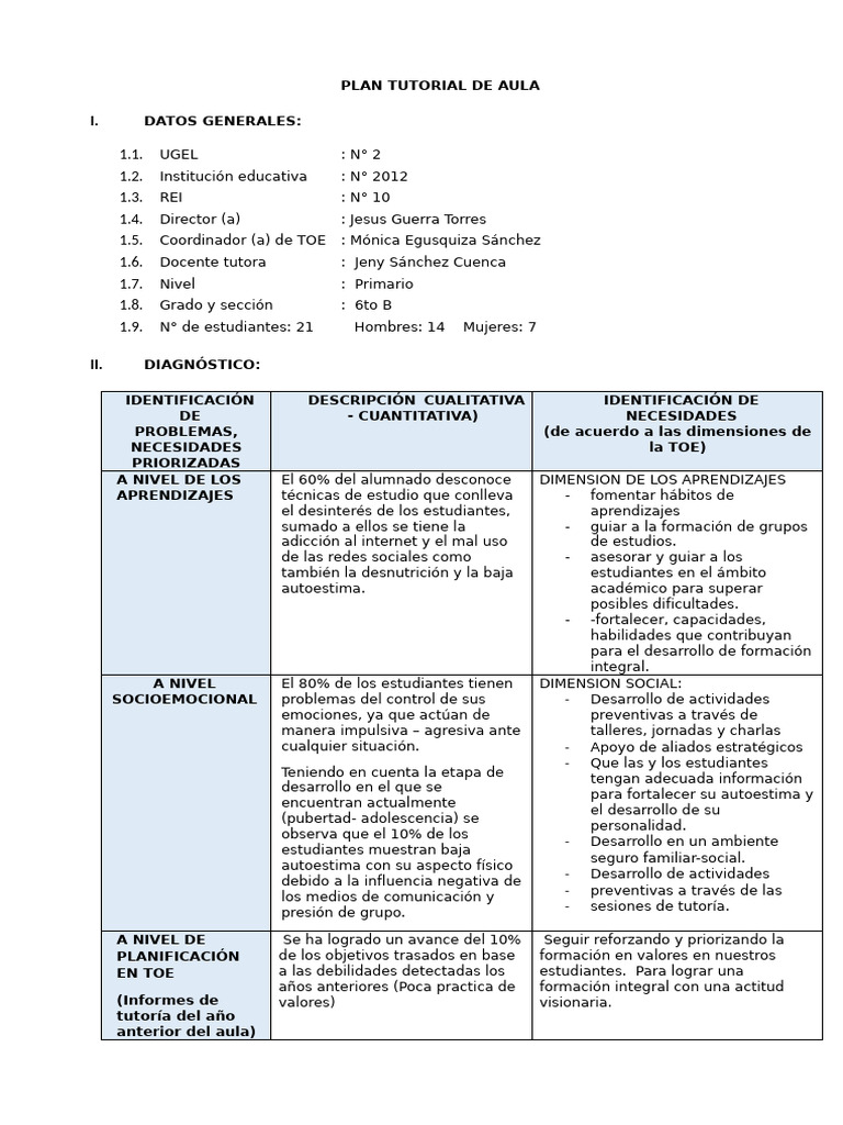 Plan Tutorial de Aula - 2023 | PDF | Aprendizaje | Salón de clases