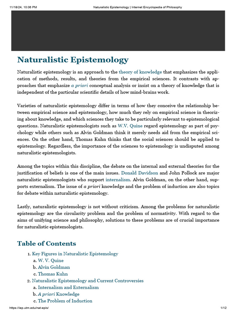Naturalistic Epistemology - Internet Encyclopedia of Philosophy | PDF | Epistemology ...