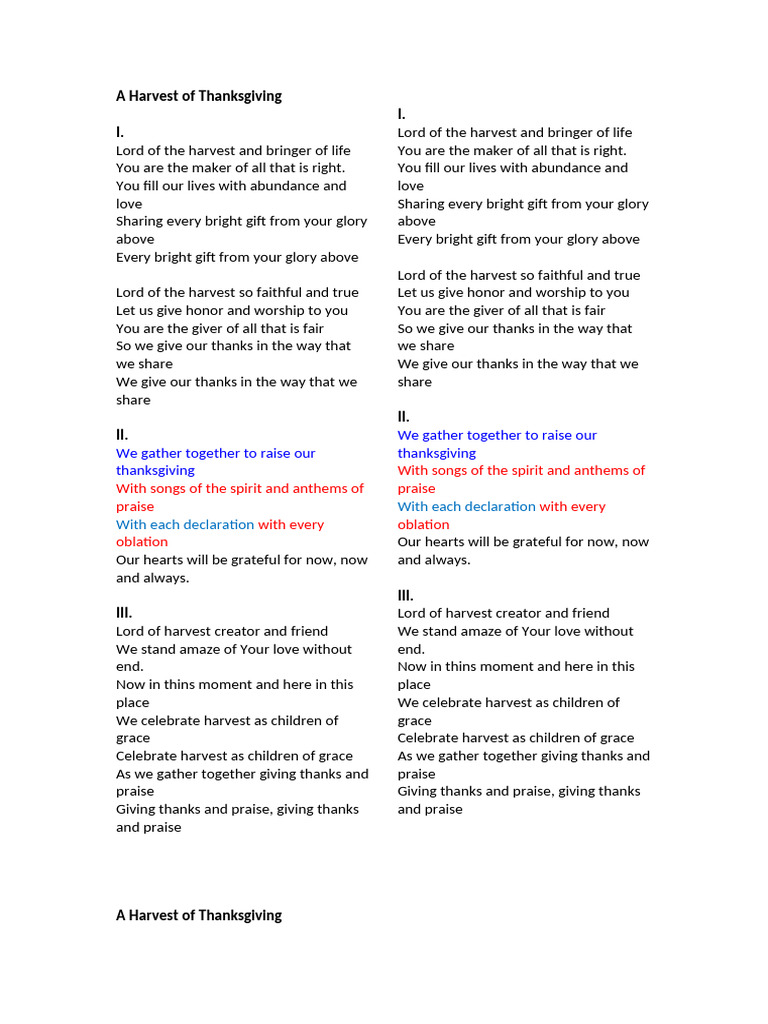 A Harvest of Thanksgiving Lyrics | PDF | Thanksgiving