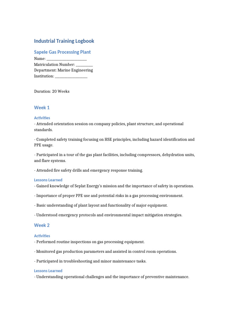 Industrial Training Logbook Sapele | PDF | Personal Protective ...