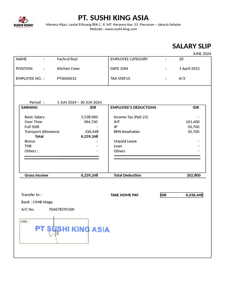 Salary Slips for Fachrul Rozi | PDF | Government Finances | Taxation