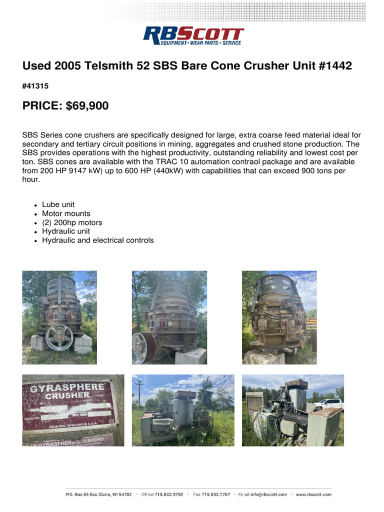 Used 2005 Telsmith 52 Sbs Bare Cone Crusher Unit 1442 | PDF