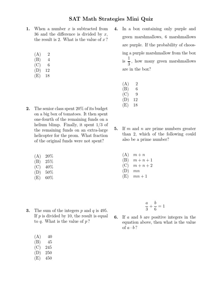 SAT Practice Quiz - Strategies (Mini) | PDF | Numbers | Number Theory